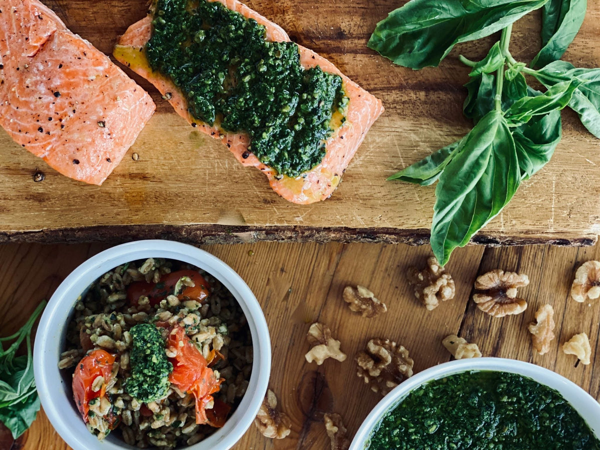 Kale Basil Pesto with Salmon and Farro Salad – NeuroReserve Inc.